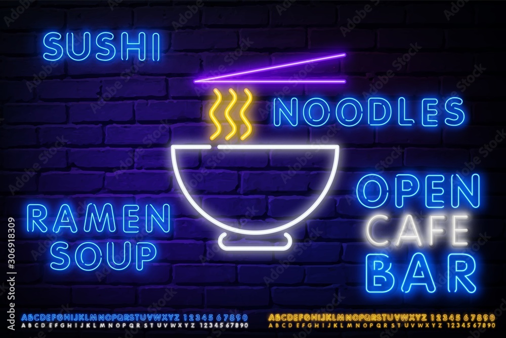 Vetor de Noodles neon text, bright signboard, light banner. Noodles ...