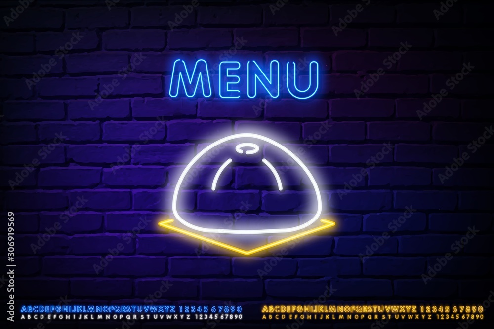 Restaurant menu neon sign. A glowing sign with blue text MENU. Night ...