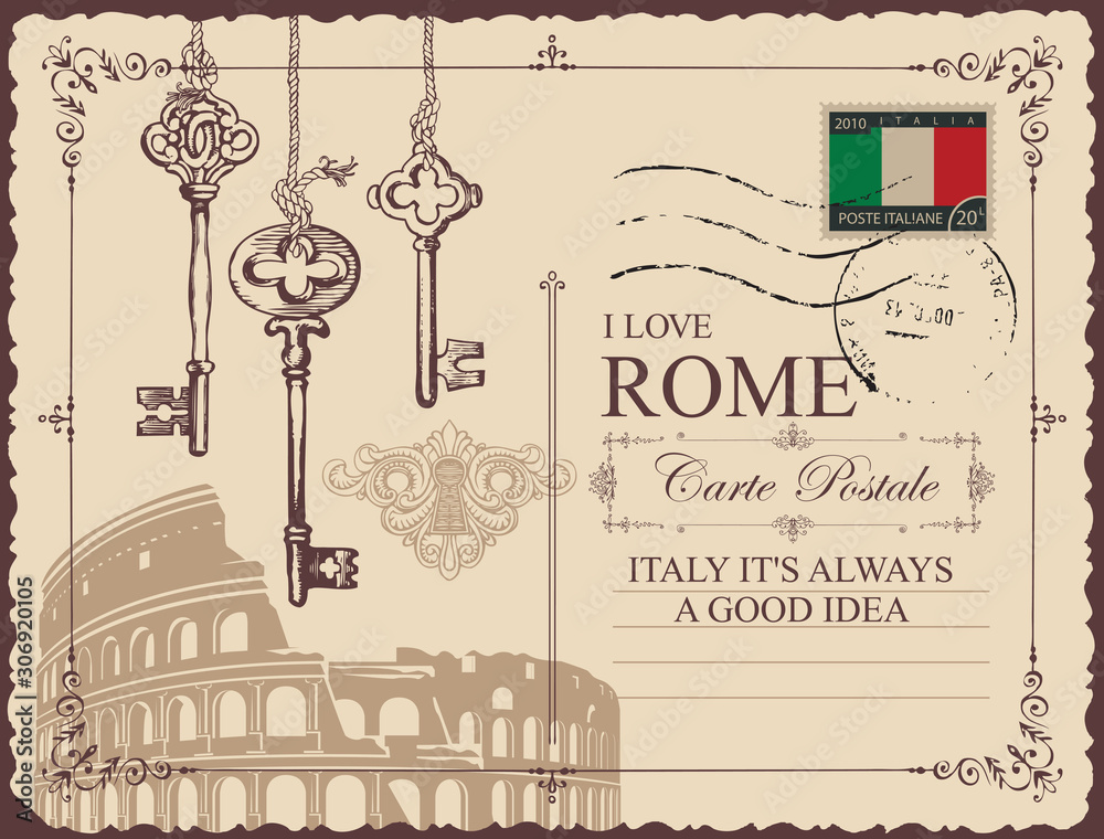 Retro postcard with Roman Coliseum, Italian landmark. Vector postcard ...