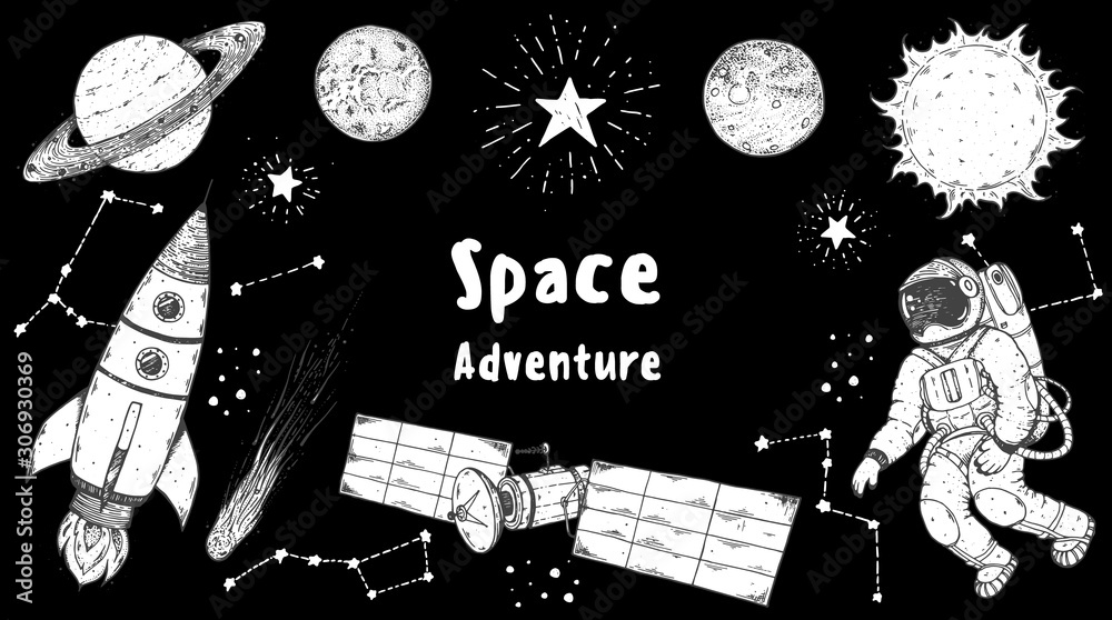 Hand drawn space vector illustration. Planets, rocket, satellite ...