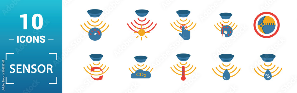 Sensor icon set. Include creative elements water quality sensor, smoke ...
