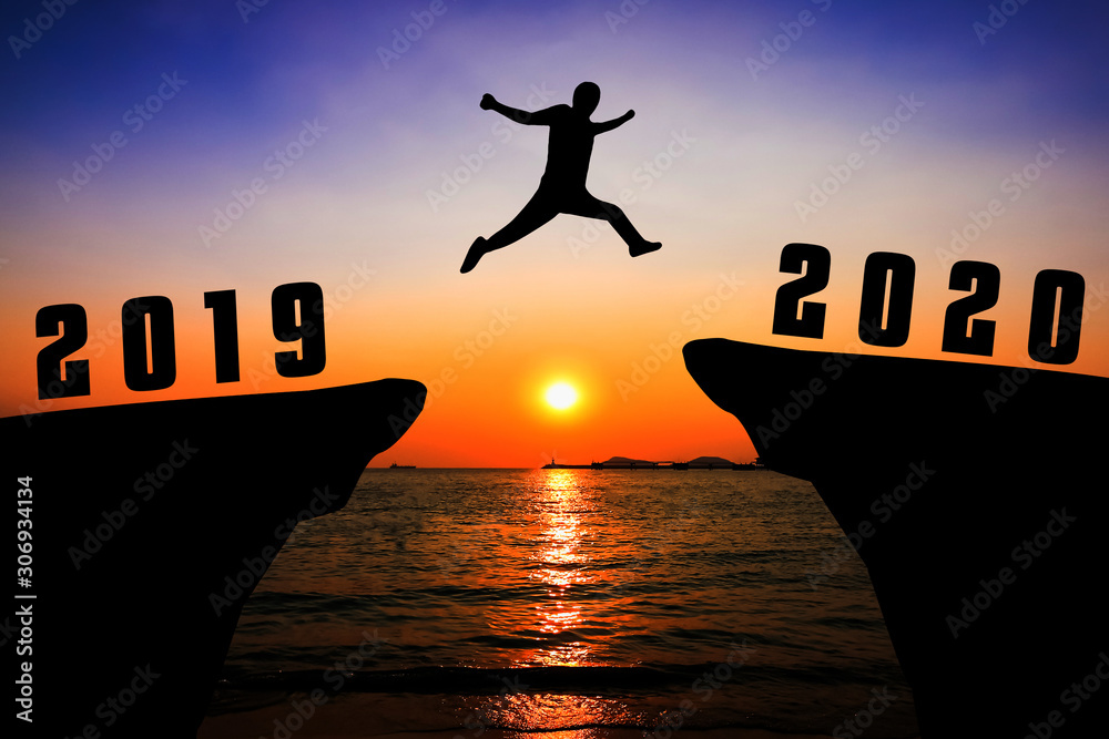 Silhouette young man jumping from 2019 to 2020 years Stock Illustration ...
