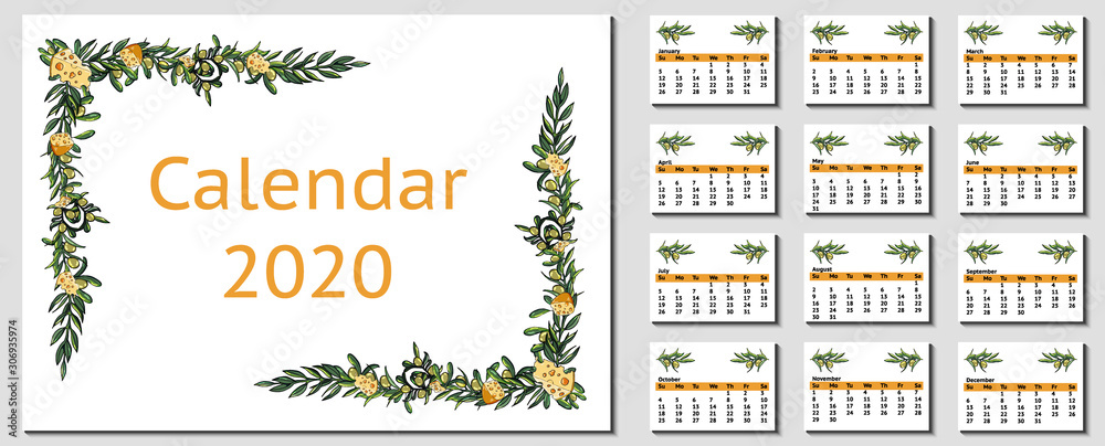 Vector cheese and olive branches frame, horizontal calendar with pages ...
