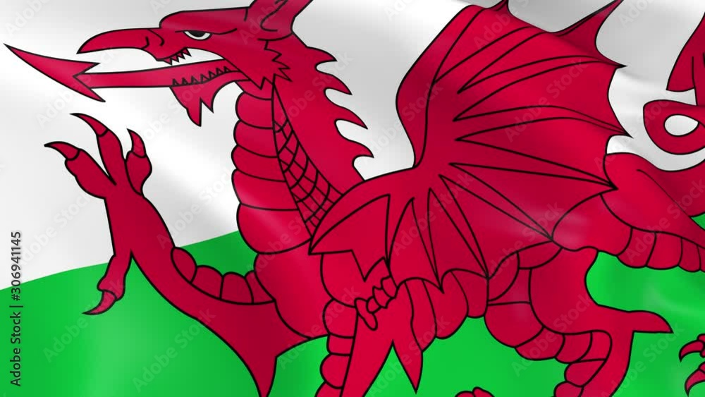 Photo realistic slow motion 4KHD flag of the Wales waving in the wind ...