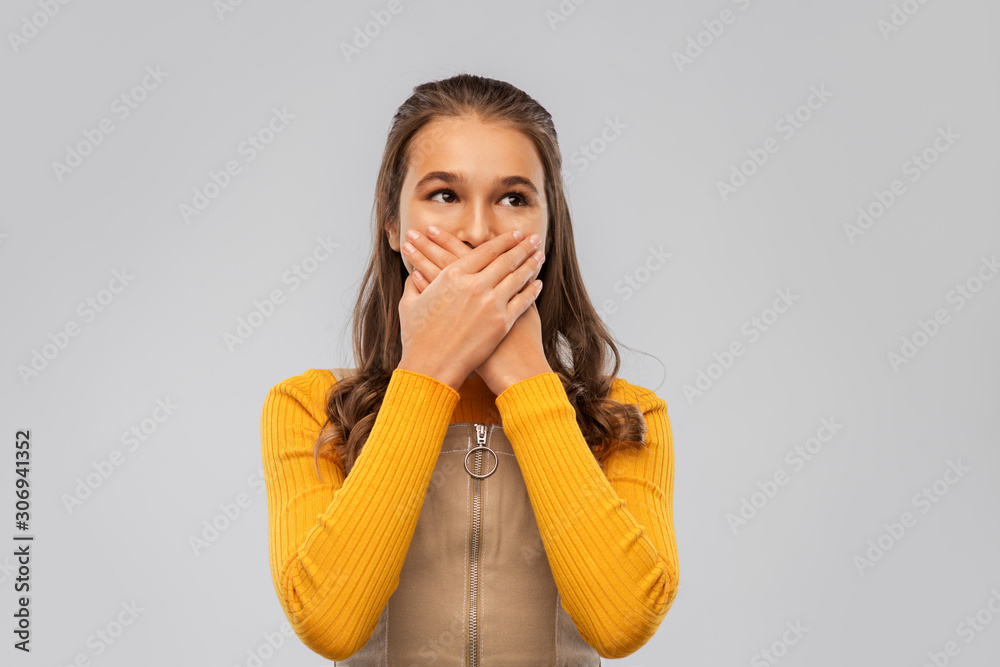 emotion, expression and people concept - scared teenage girl closing ...