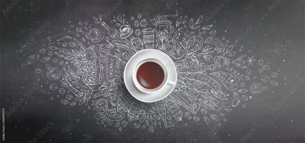 Coffee chalk illustrated concept on black board background - white ...