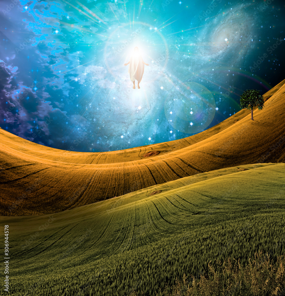 Figure of Light Appears in Sky over Beautiful Landscape Stock ...