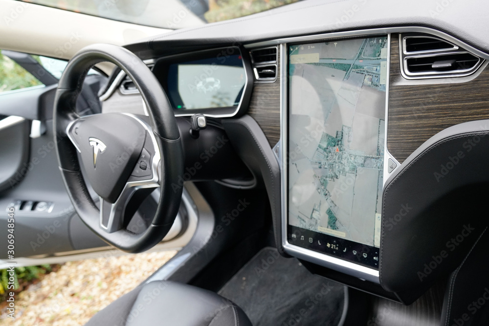 tesla interior of vehicle modern electric car tablet screen dashboard ...
