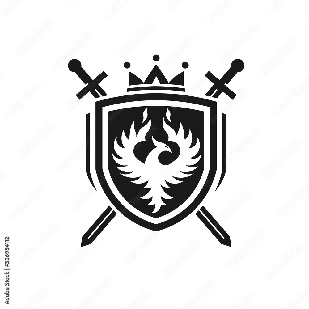 creative and memorable Phoenix with shield sword and crown Vector Logo ...