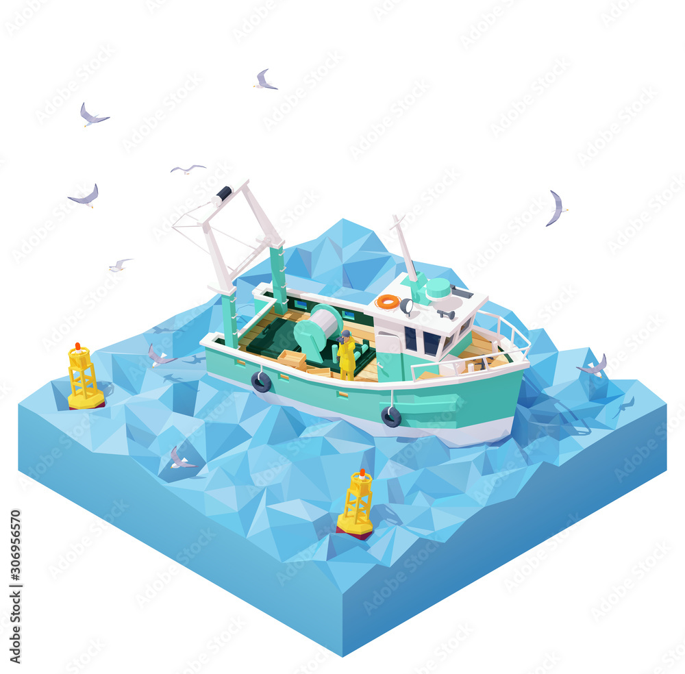 Vector isometric fishing boat in the sea. Fishing vessel or ship ...