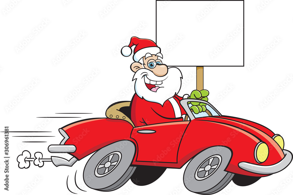 Cartoon illustration of Santa Claus driving a sports car while holding ...