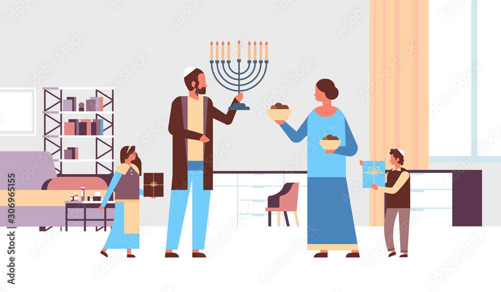 jews family holding menorah and gift boxes jewish parents children in ...