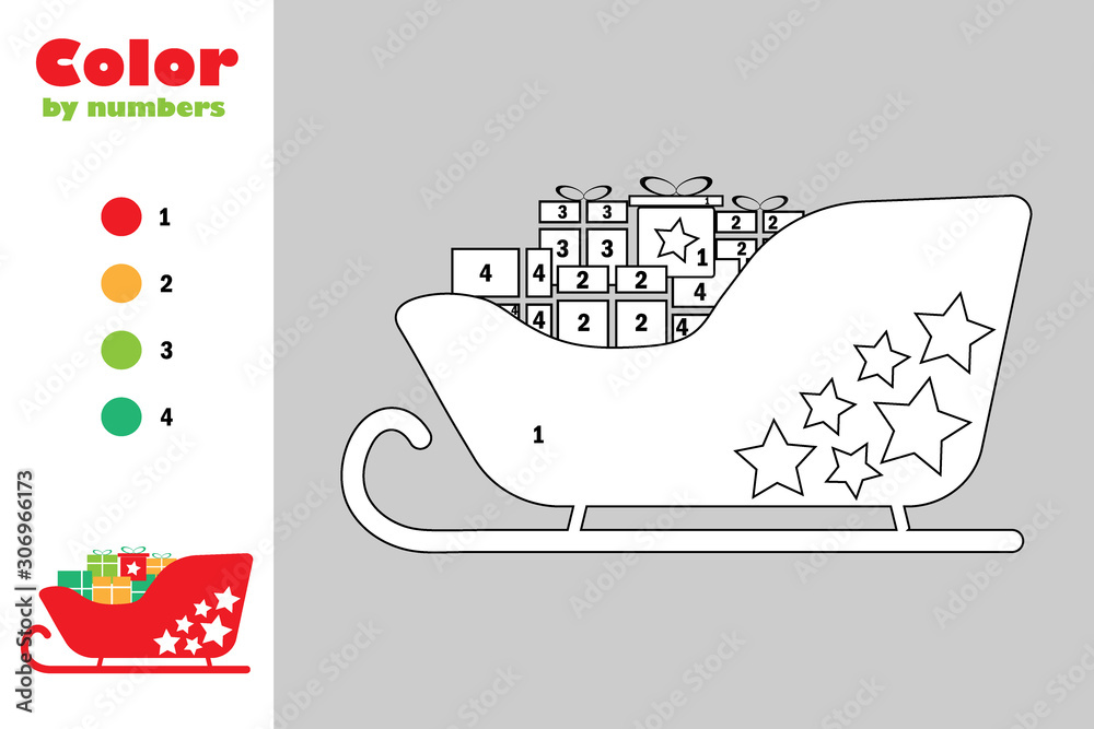 Santa sleigh in cartoon style, color by number, christmas education ...