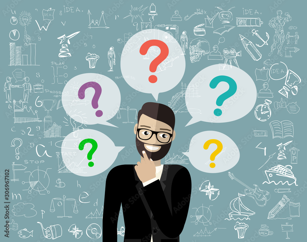 Thinking business man standing under question marks. Young caucasian ...