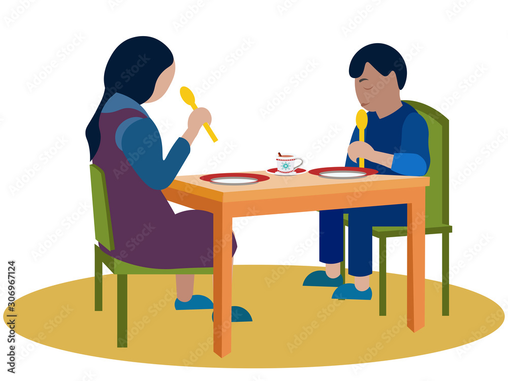 Lunch in kindergarten. Children eat food. In minimalist style Cartoon ...