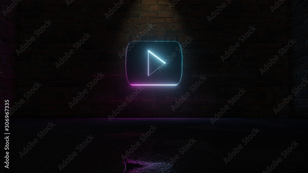 3D rendering of blue violet neon symbol of YouTube logo icon on brick ...
