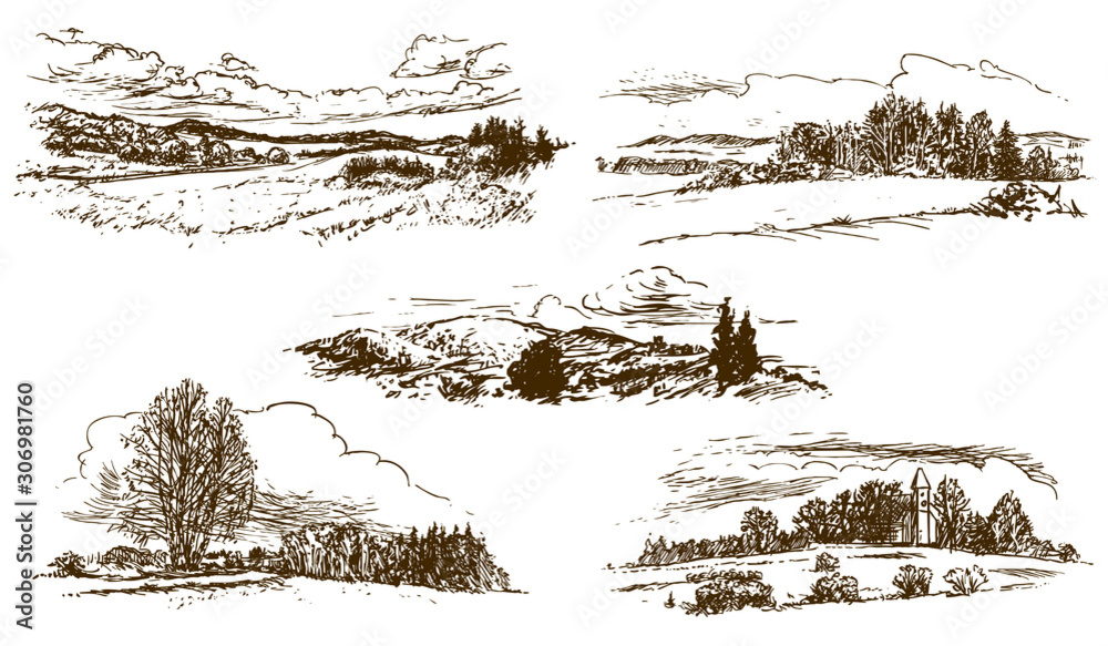countryside landscape, set of hand-drawn illustrations, drawing on ...