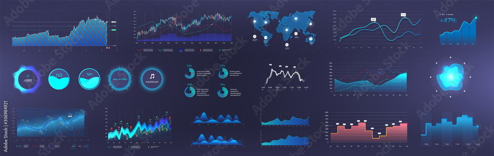 Dashboard Infographic template with info charts, diagrams elements ...