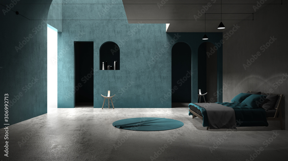 Classic blue concrete interior space, sun light that cast shadow on the ...