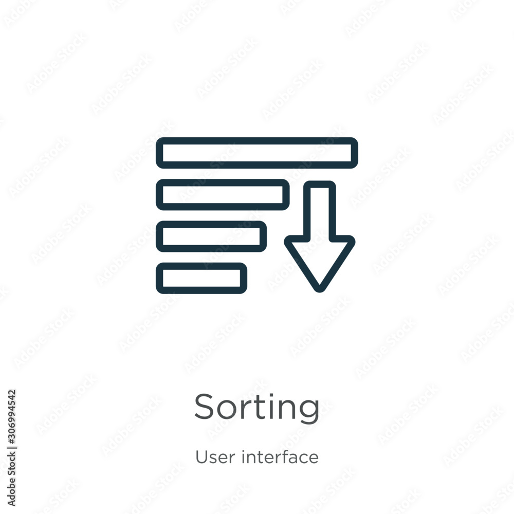 Sorting icon. Thin linear sorting outline icon isolated on white background from user interface ...