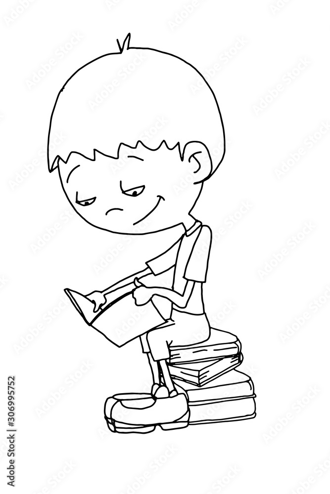 cute cartoon characters boy sitting on the books and reading .coloring ...