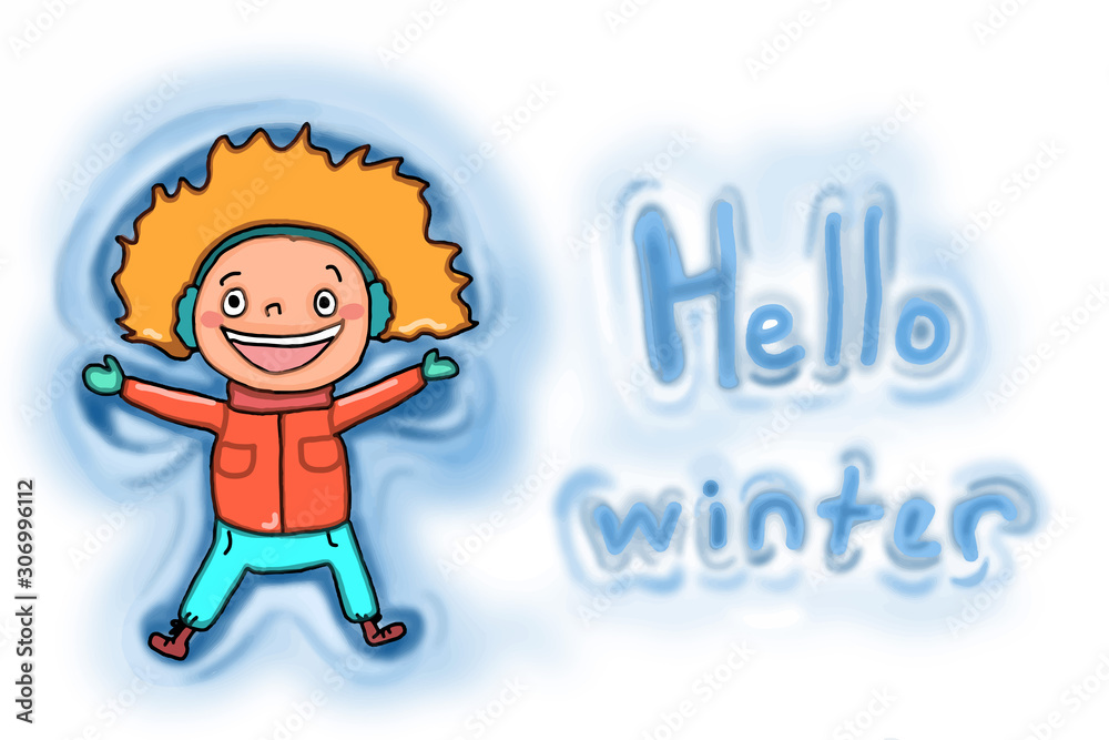 cute cartoon girl characters with winter clothes and lie down on snow ...