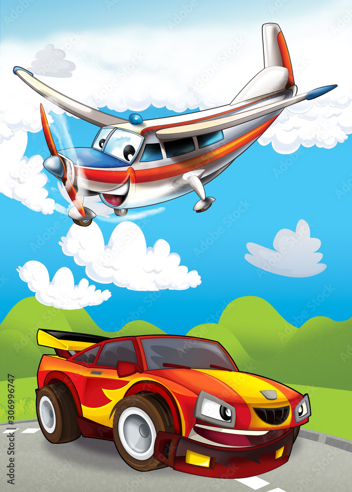 cartoon scene with happy and funny sports car and plane illustration ...