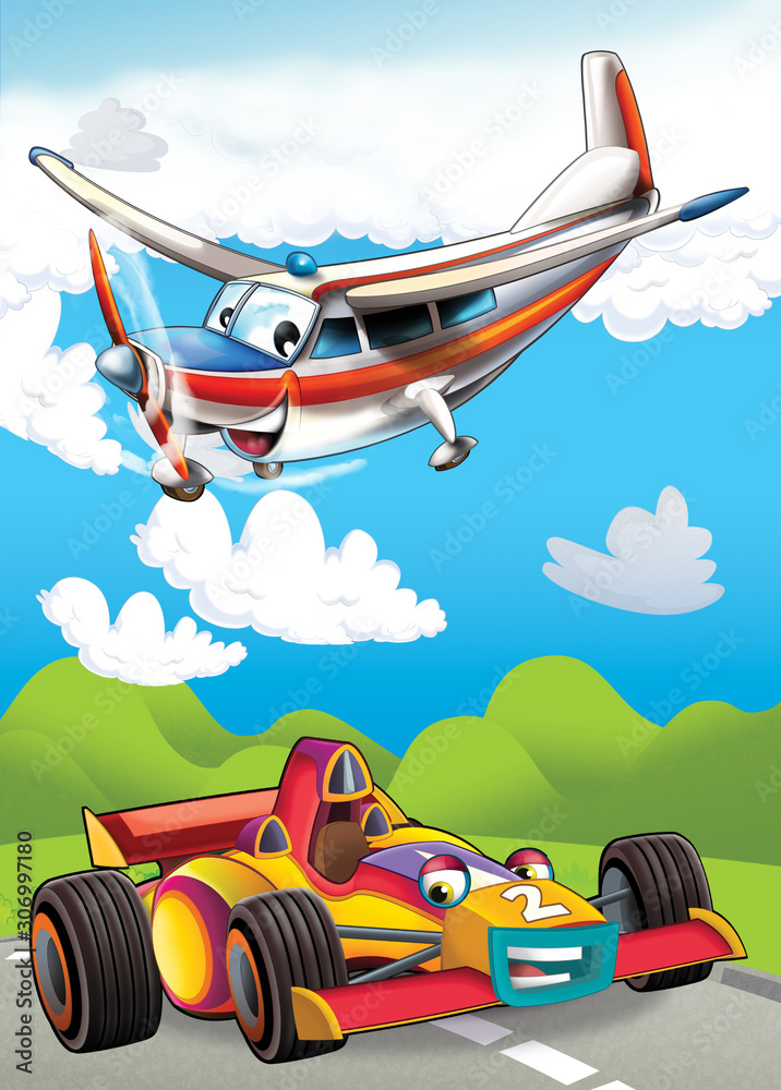 cartoon scene with happy and funny sports car and plane illustration ...