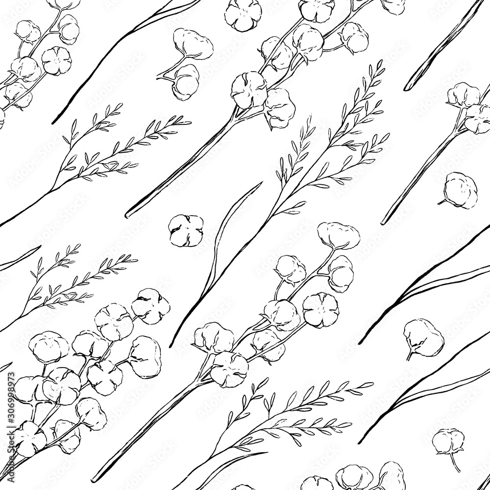 Vintage vector seamless pattern. Graphic sketches of cotton-plant ...