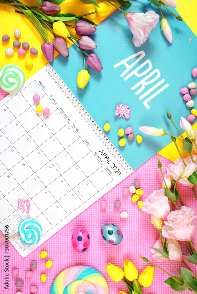 On-trend 2020 calendar page for the month of April modern flat lay with ...
