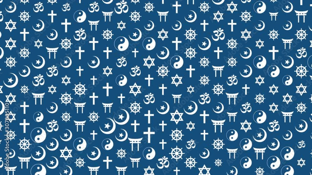 CG background of pulsating religious symbols (Buddhism, Christianity ...