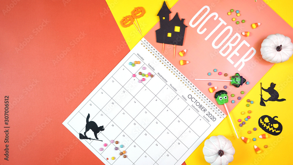 On-trend 2020 calendar page for the month of October modern flat lay ...