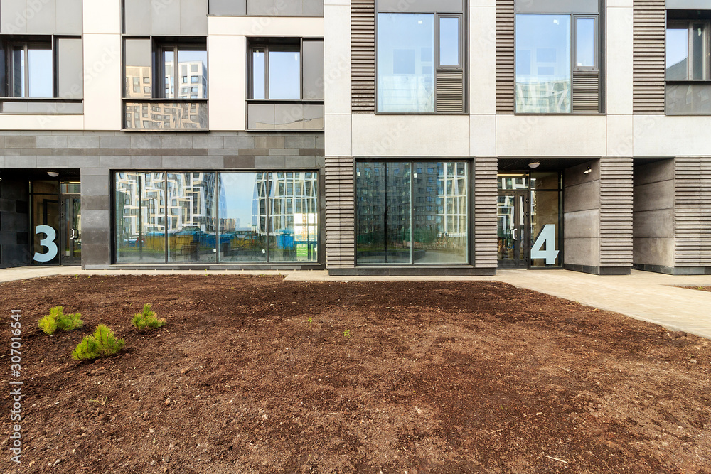 Panoramic window of modern residential building view outside ...