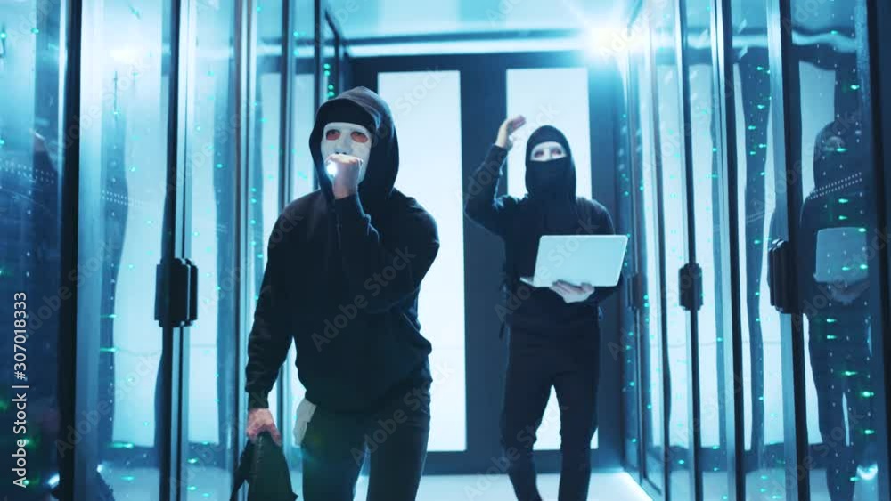 Dangerous team of computer spies illegally entering secure database. Two skillful hooded hackers ...