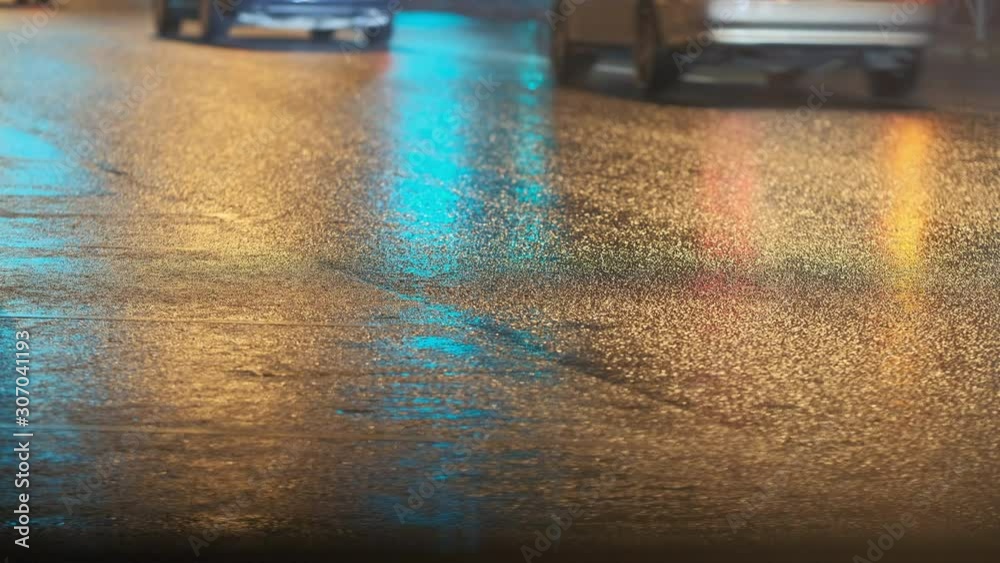 Wet asphalt. Rainy evening in city street with street lights, shiny ...