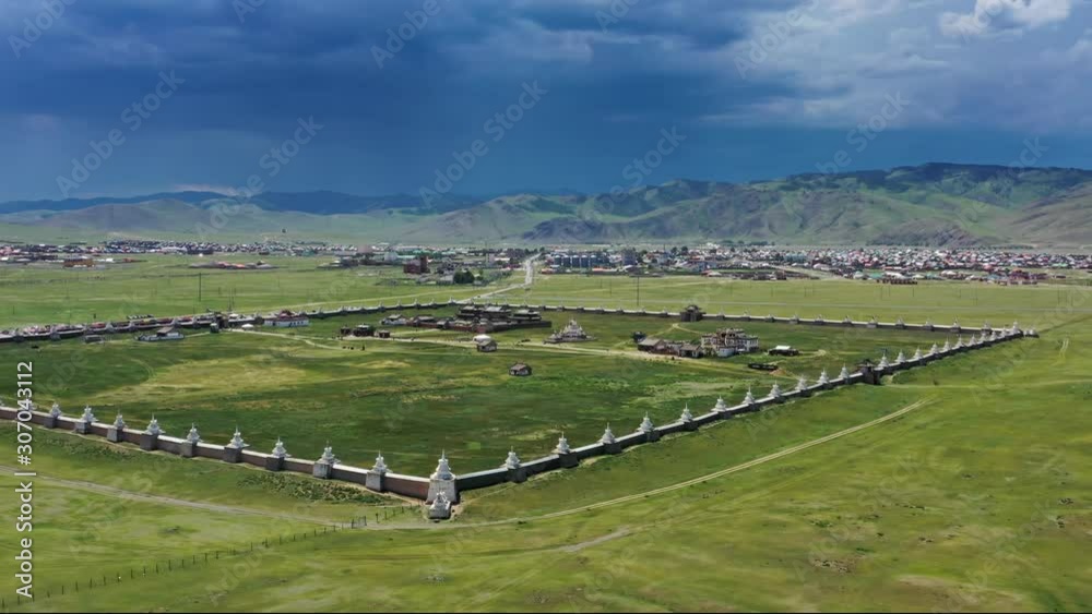 Aerial around view of the Kharkhorin Erdene Zuu Monastery in Kharkhorin ...