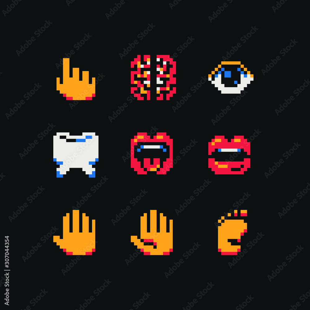 Human body set, foot, brain, open eye, tooth, mouth, lips, palm and ...