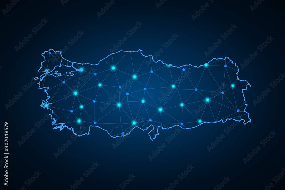 Map of Turkey. Wire frame 3D mesh polygonal network line, design sphere ...