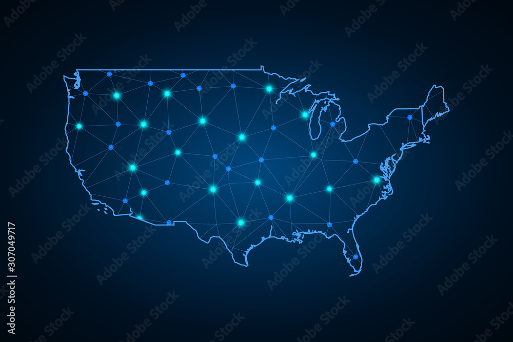 Map of United States. Wire frame 3D mesh polygonal network line, design ...