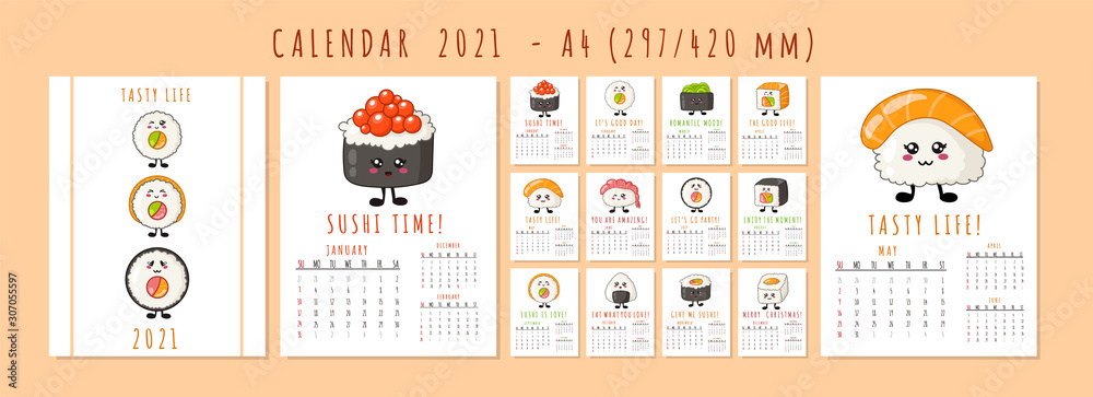 Kawaii sushi calendar or planner A4 format for 2021, sushi, rolls ...