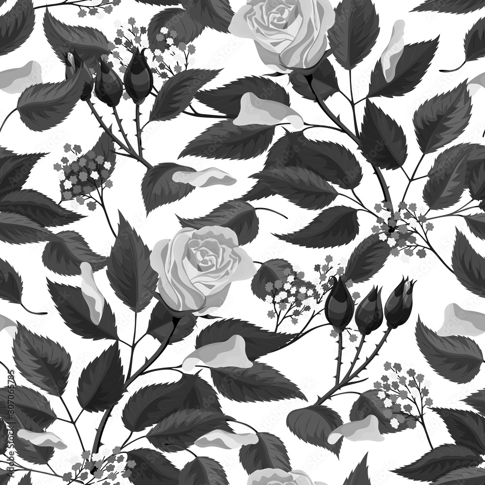 Beautiful black and white monochrome seamless pattern in roses with ...