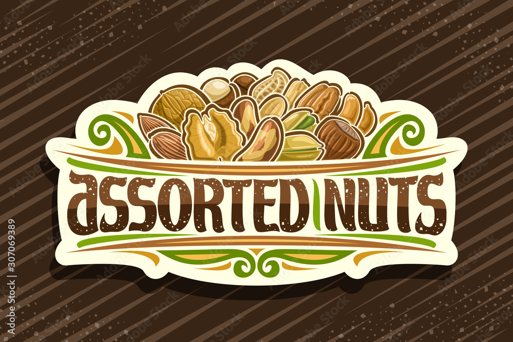 Vector logo for Assorted Nuts, decorative cut paper sign with ...