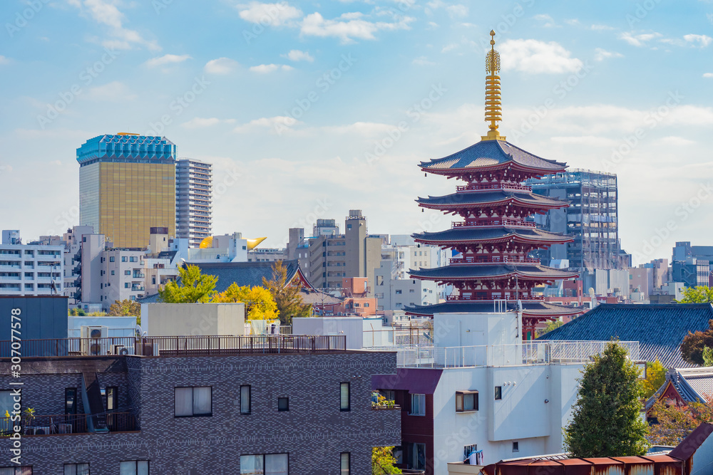 Tokyo. Japan. Roofs of buildings. Roof of the temple of Asakusa ...