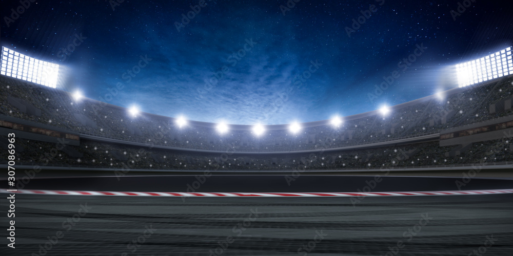 Racing stadium at night. Many spotlights with lens flare. Stars and ...
