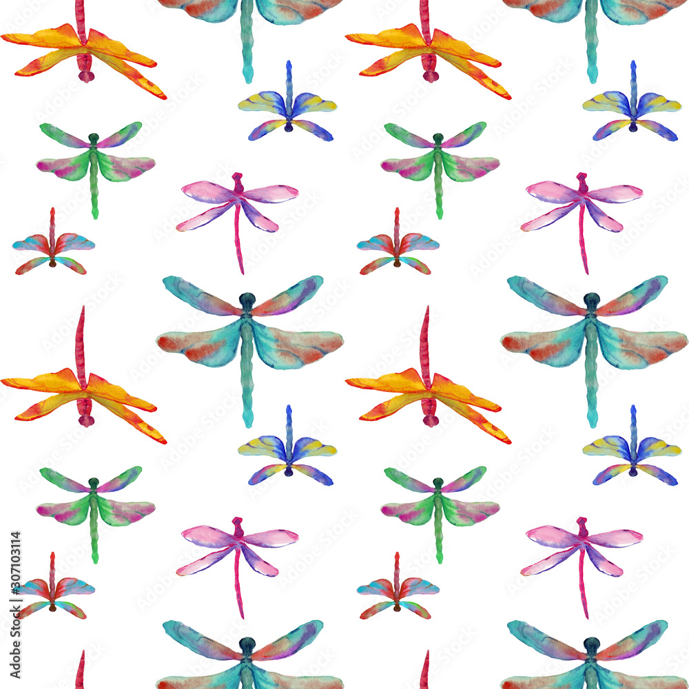 Watercolor hand drawn different color dragonflies in seamless pattern ...