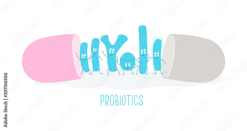 Types of useful probiotics in the capsule. Vector illustration. Stock ...