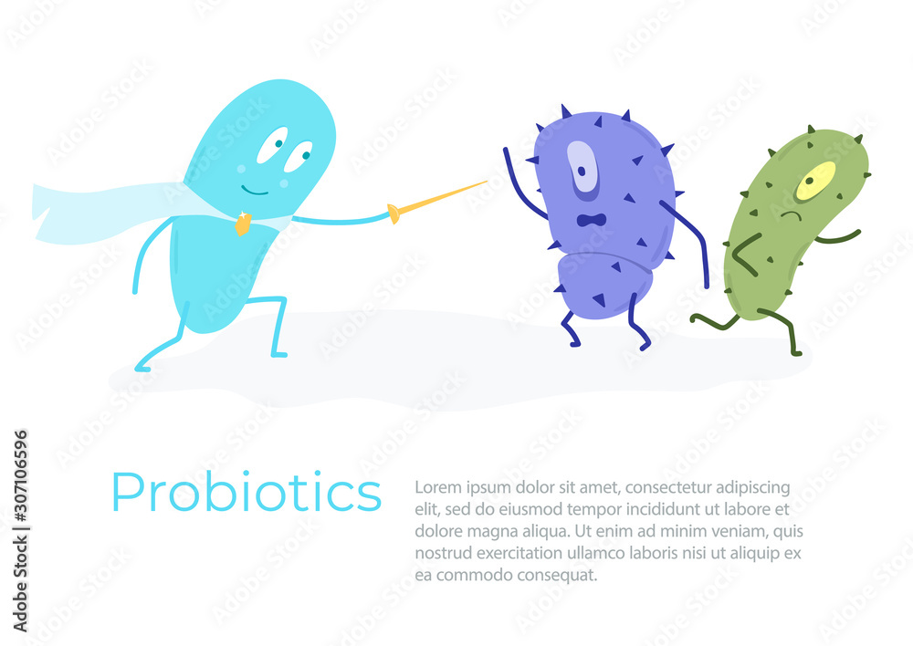 Good probiotics defeat pathogenic bacteria. Vector illustration. Stock ...
