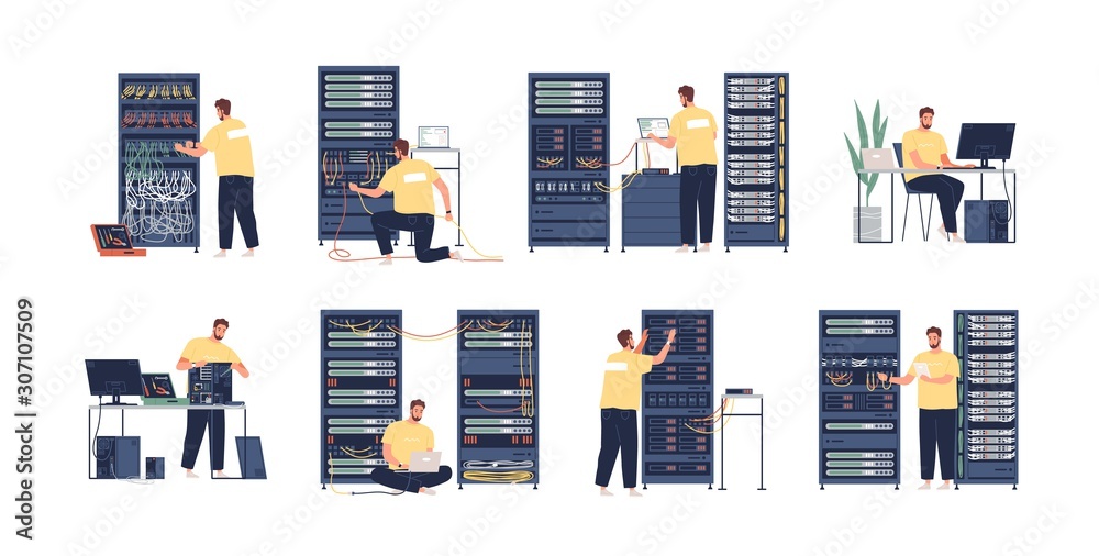 System administrator flat vector illustrations set. Computer repair, upkeeping server, adjusting ...