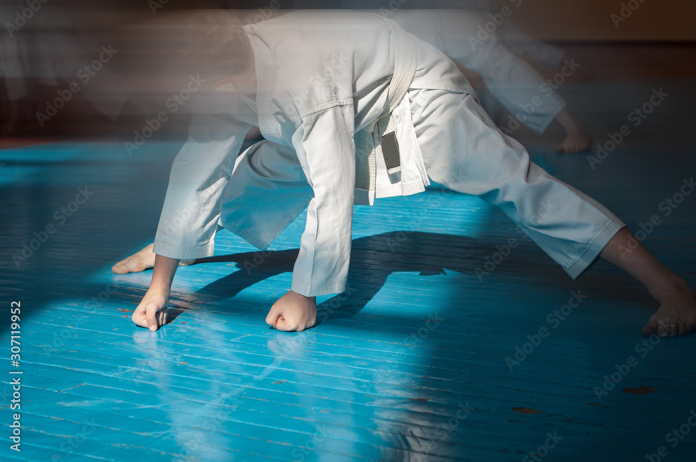 Kids training on karate-do. Young athletes karatekas do warm-up and ...