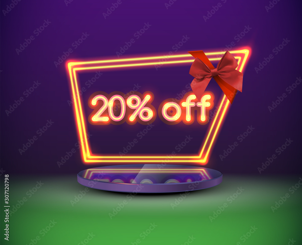 Bright neon Sale sign on round pedestal or platform with a neon frame ...